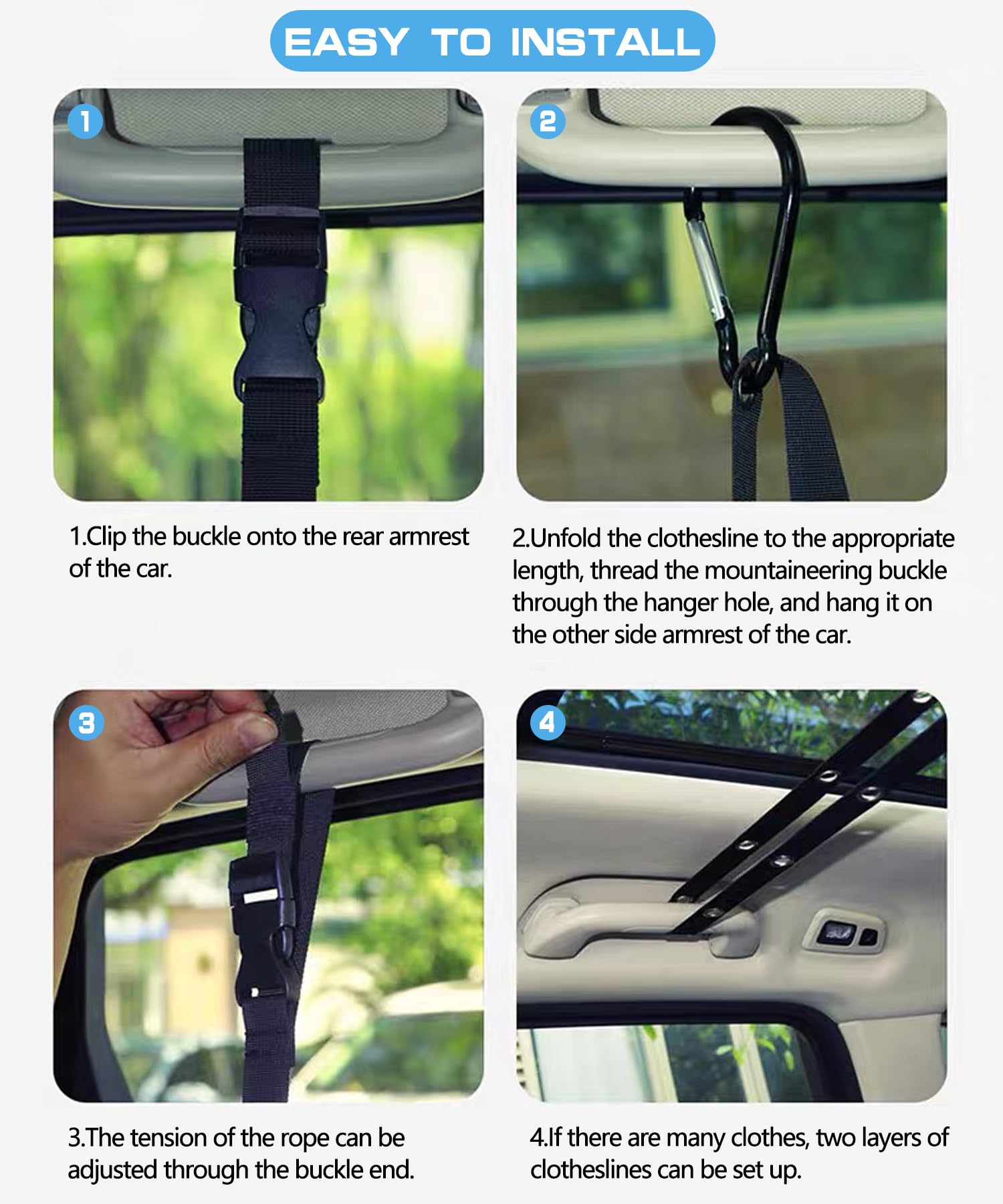 NAUGHOST Portable Car Clothesline, Adjustable 94.48" Clothes Drying Rope Multifunctional Storage Strap with 23 Hanging Holes & 2 Folding Clothes Hanger Interior Car Accessories for Camping Travelling