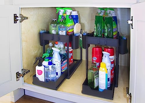 evismo 2-Tier Under Sink Organizer, Bathroom & Kitchen Multipurpose Cabinet Storage, with Pull-out Sliding Drawer, Hooks & Hanging Cups, Adjustable Height, Cabinet Organizer, Black