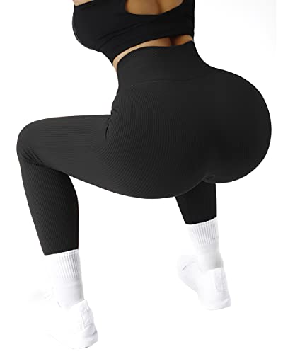 SUUKSESS Women Ribbed Seamless Leggings High Waisted Tummy Control Workout Yoga Pants (Black, L)