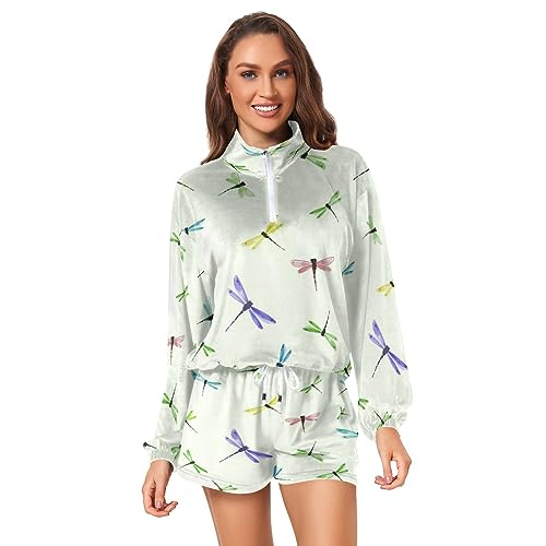 Kigai Colorful Dragonfly Jogging Suits for Women Lounge Cozy Long Sleeve Half Zip Lapel Collar Sweatsuit Set,XL