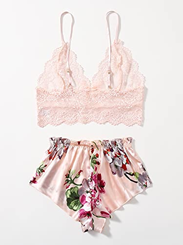 WDIRARA Women's Pajamas Set Lace Satin Lingerie with Cami Floral Shorts Sleepwear Pink M