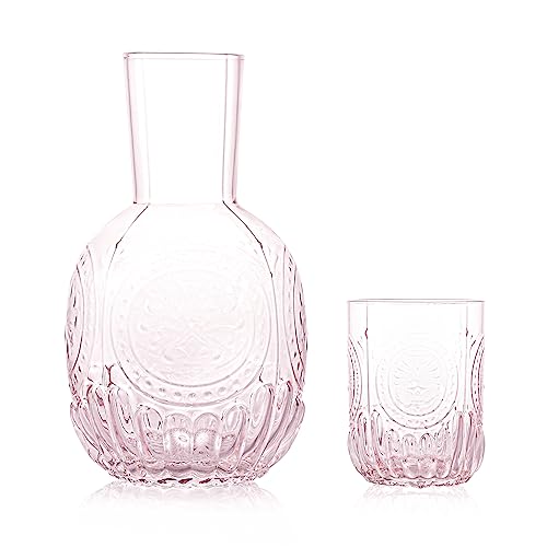 RockTrend Retro Clear Glass Bedside Night Water Carafe with Tumbler Glass, Relief Glass Pitcher And Cup Night Set