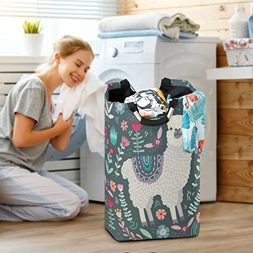 Kigai Cute Floral Llama Laundry Basket Large Collapsible Waterproof Laundry Hamper with Handles Portable Storage Basket Dirty Clothes Toys Organizer for College Dorms, Nursery, Bathroom