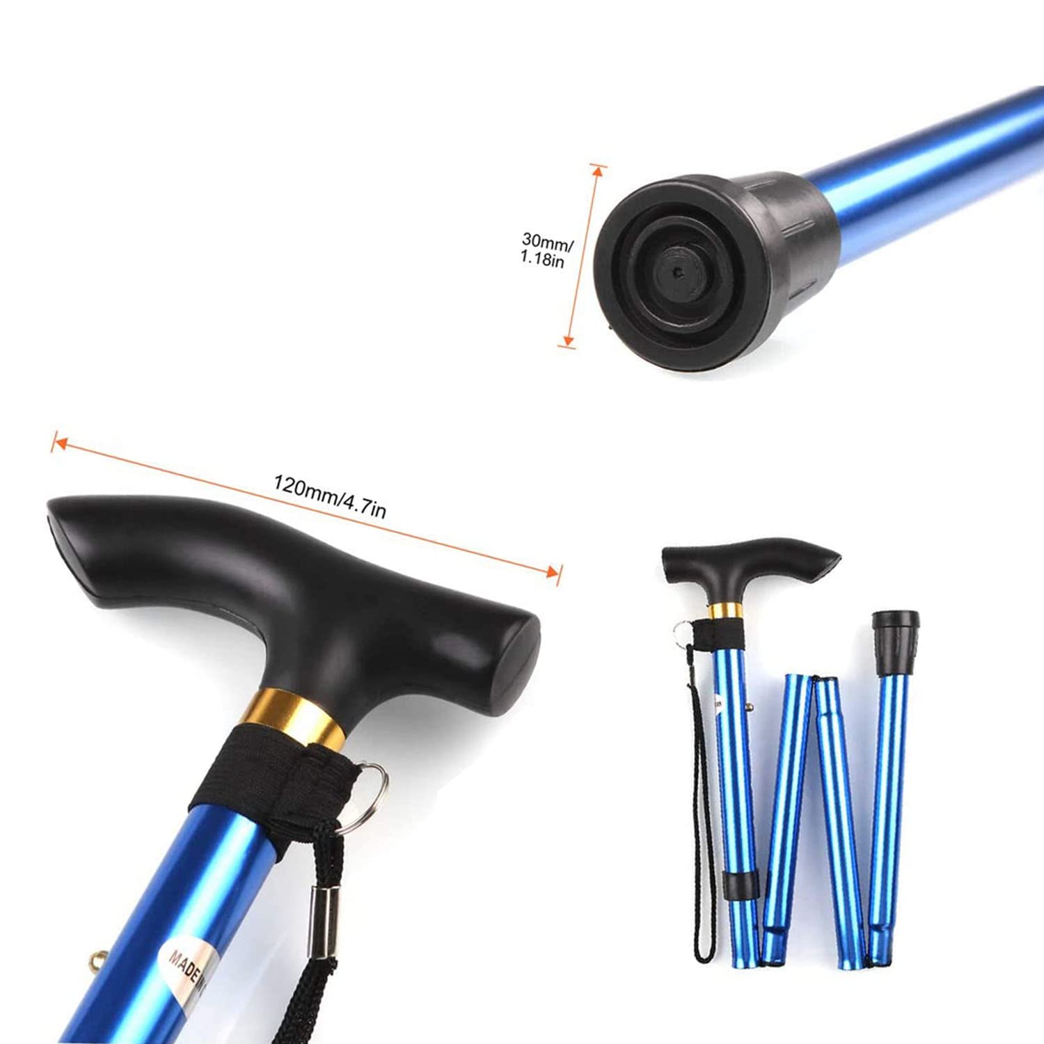 Folding Walking Stick, 32~36 Inch Adjustable Cane Aluminum Metal Collapsible Ergonomic Handle Lightweight Quick Locks Trail Poles for Hiking Trekking Travel (Blue)