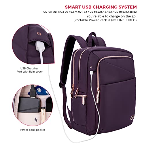 Swissdigital Design Katy Rose Laptop Backpack For Women,College Bookbags With USB Charging Port,Large Capacity Computer Backpacks For Work Business Purple(SD1006F-46)