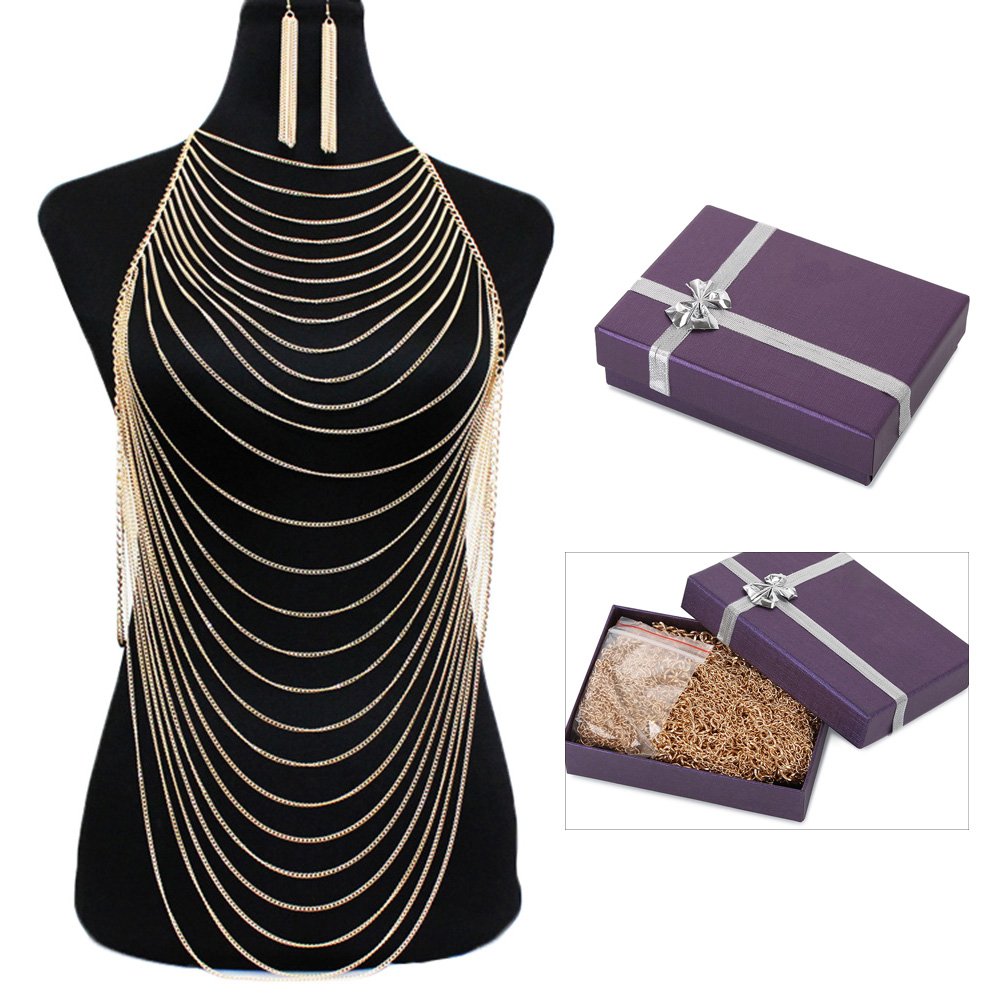 DOTASI Women's Sexy Halter Backless Tank Top Bra Body Chain Necklace Tassels Party (Gold)