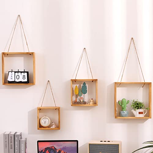 Square Floating Shelves,Rustic Wall Mounted Wood Cube Display Shelf Shadow Boxes,Large Wooden Wall Organizer Hanging Shelf,Home Office Boho Wall Decorations for Living Room Bedroom,Brown,Set of 4
