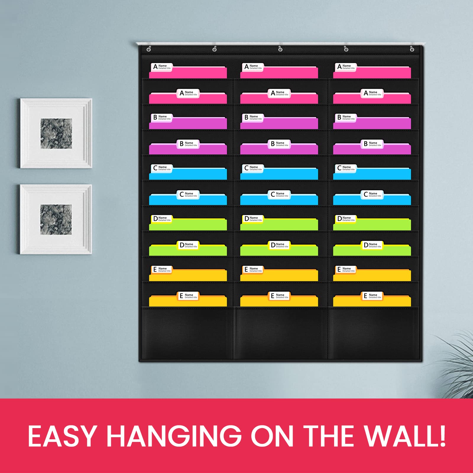 Godery Organization Pocket Chart,Wall File Pocket Folder Organizer with 30 Pocket Chart Plus 5 Hangers Hooks, The Perfect Pocket Chart for Classroom, School, Office or Home Use (30 Pocket)