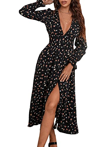SweatyRocks Women's Deep V Neck Long Sleeve Floral Dress Boho Split A Line Long Dresses Black XL