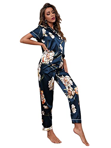 WDIRARA Women's 2 Piece Satin Pajamas Floral Silk Short Sleeve Button Down Shirt and Pants Pajama Pj Set Dark Green L