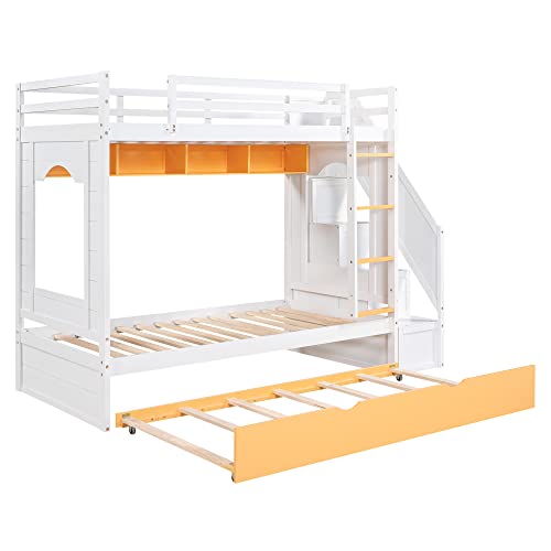 HomSof Twin Over Twin Bunk Bed with Trundle,Stairs,Ladders Solid Wood Bunk Bed with Storage Cabinet (White + Yellow)