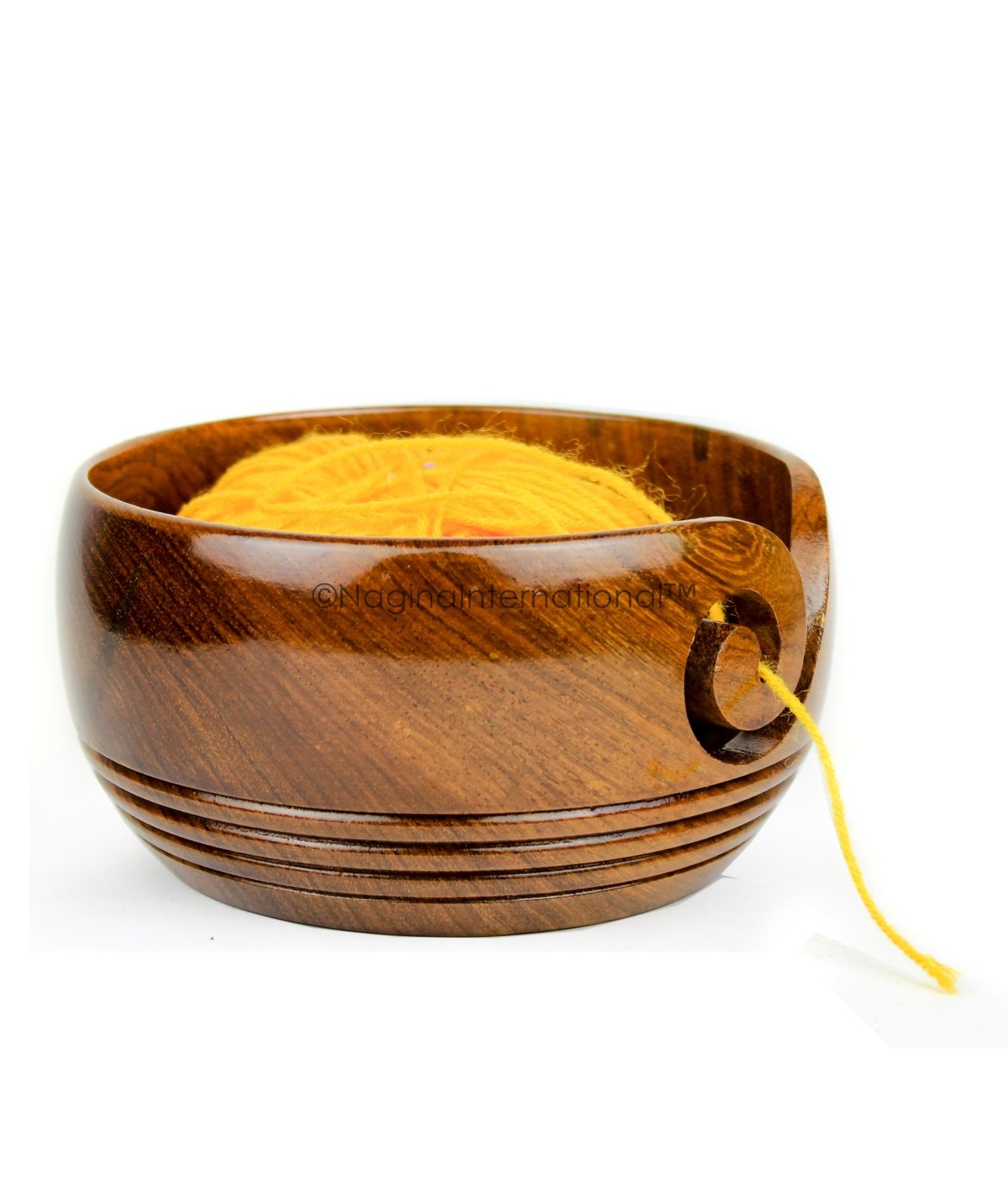 Solid Teak Wood Crafted Wooden Yarn Ball Storage Bowl with Spiral Yarn Dispenser & Decorative Rings | Knitting Crochet Accessories | Nagina International (Rosewood, Large)