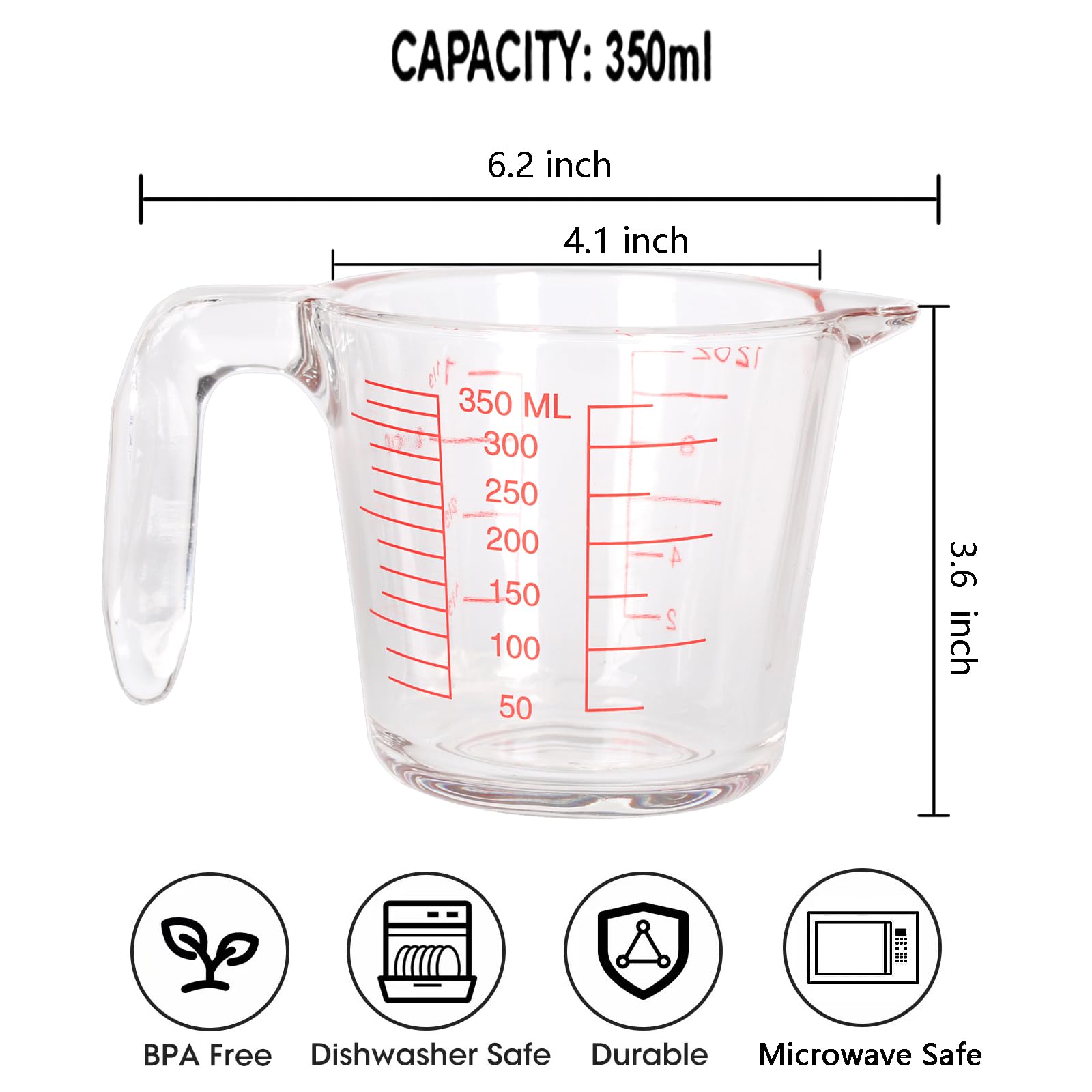 DOTINGHUX 12 oz Measuring Cup 1½ Cup Glass, Clear, Red