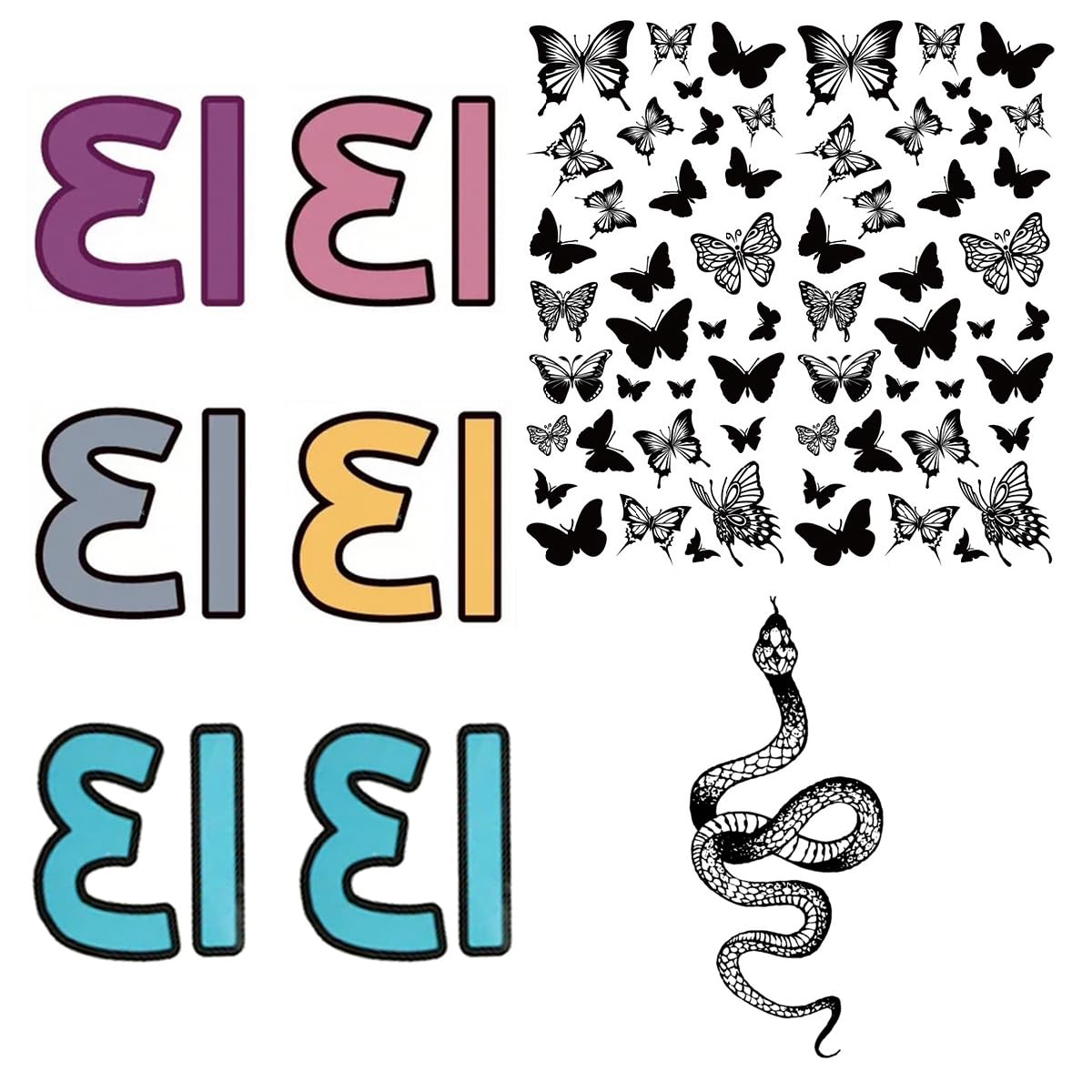 Fenyong Number 13 Temporary Tattoos Stickers with Butterfly and Snake 13 Hand Tattoo Concert Rave Accessories