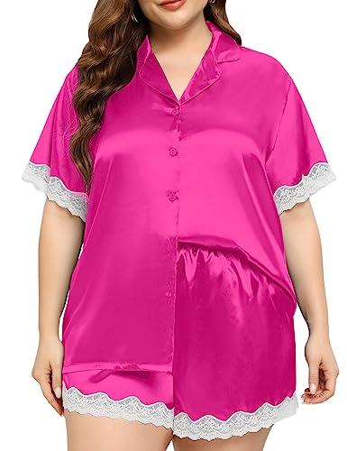 SWOMOG Plus Size Satin Pajama Set for Women Silk Satin Pj Set Short Sleeve Button Down Loungewear 2 Pcs Soft Lace Trim Nightwear Rose Red