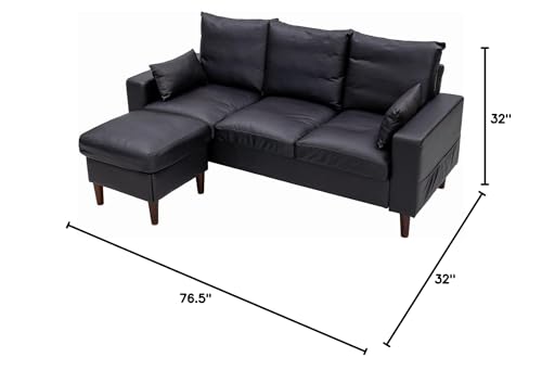 Panana Reversible Sectional Sofa Couch for Small Apartment L Shape Sofa Couch 3-seat Sectional Corner Couch, Black Leathaire