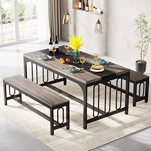 Tribesigns 55 Inch Dining Table Set for 4-6, 3-Piece Kitchen Table with 2 Benches, Space-Saving Dining Room Table Set for Home Kitchen, Restaurant, Grey