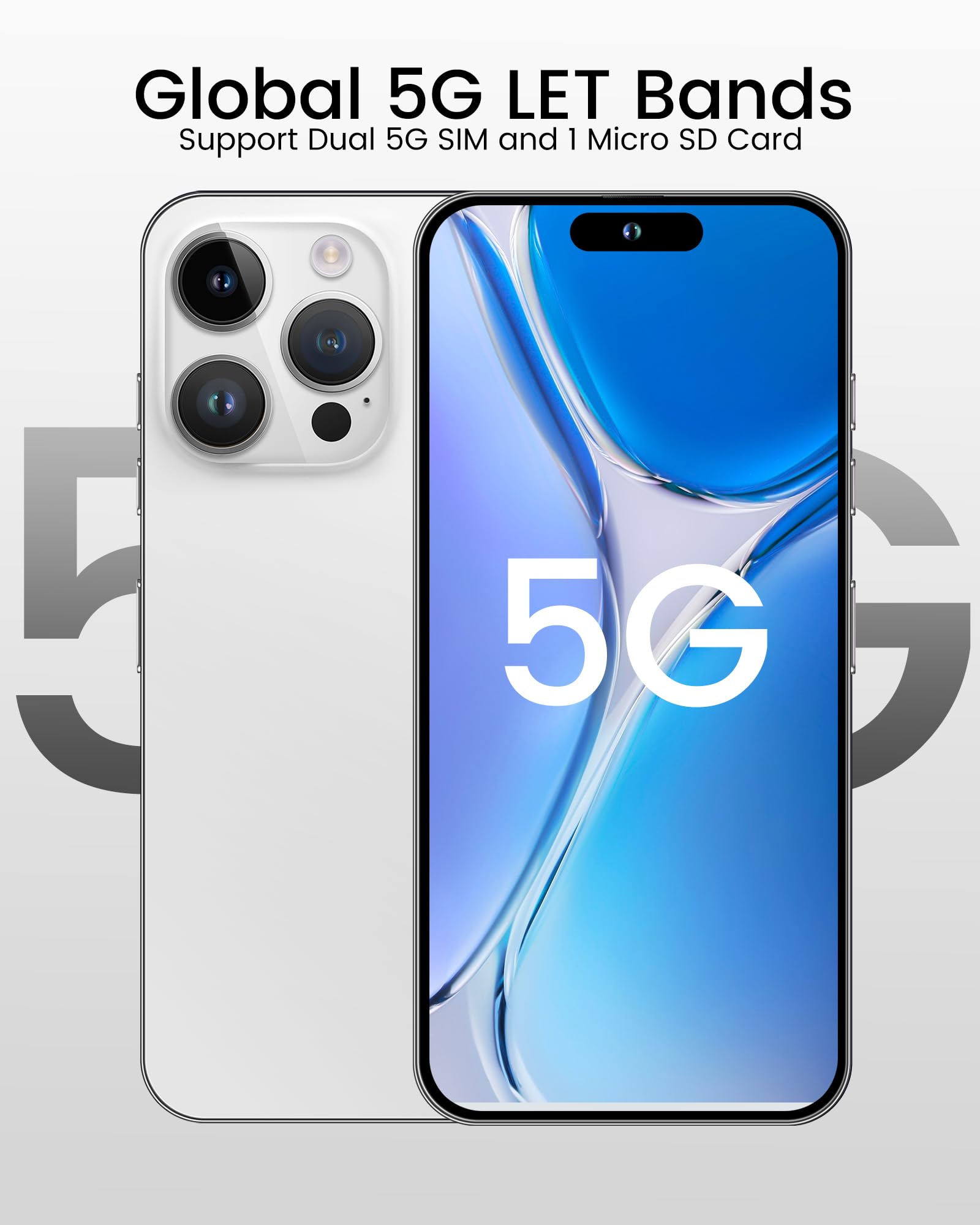 ExAchat A14 Pro Max 5G Phone Unlocked, Android 13 Phone Unlocked 6GB+128GB 6.82" FHD+ Display 120HzD 64MP Camera 6800mAh Dual SIM 5G Smartphone GPS/Fingerprint/Face ID (White)