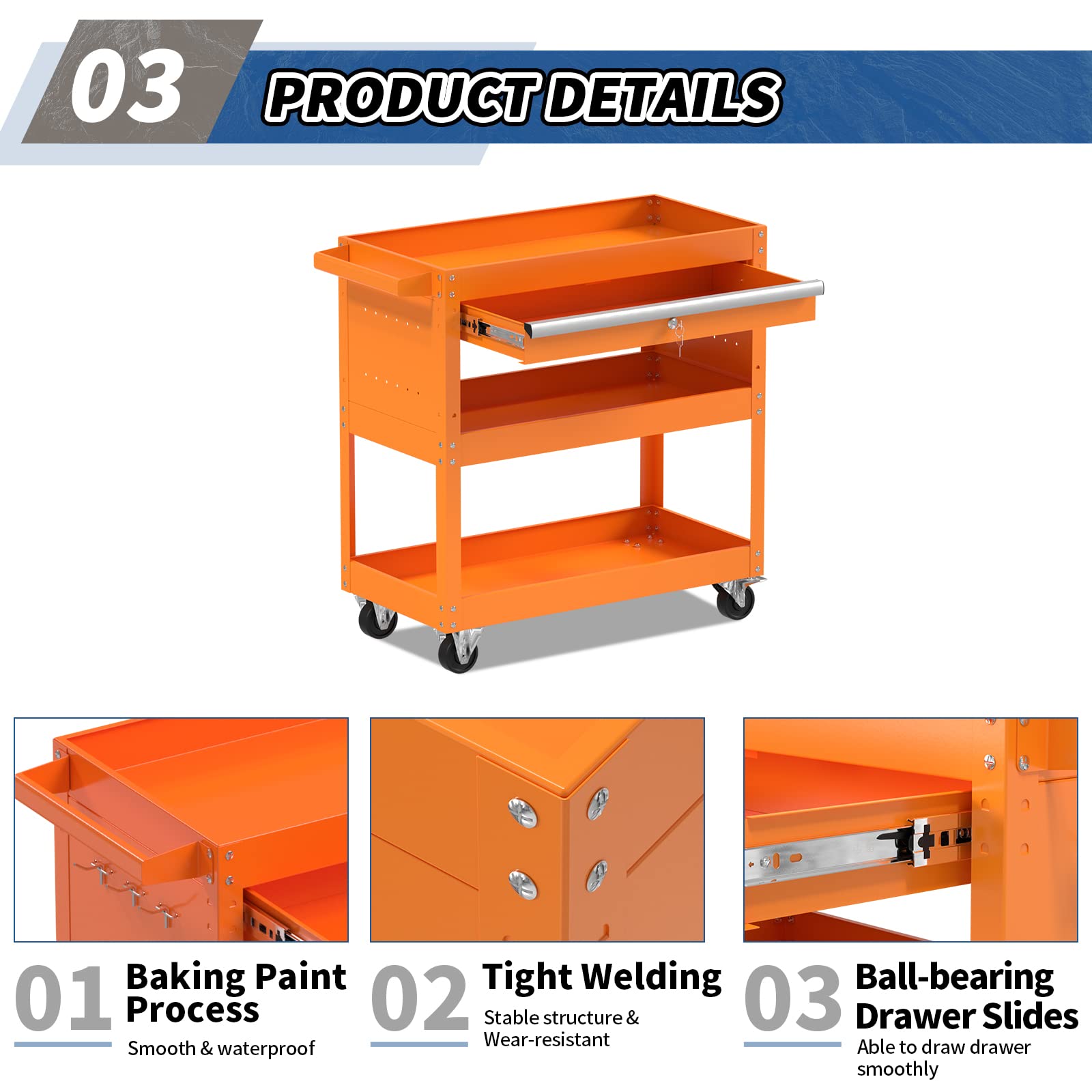 Generic 3-Tray Tool Cart on Wheels, Orange, 300 Lbs Capacity, with Drawers, Rolling Tool Cart, Ideal for Garage, Warehouse, Repair Shop