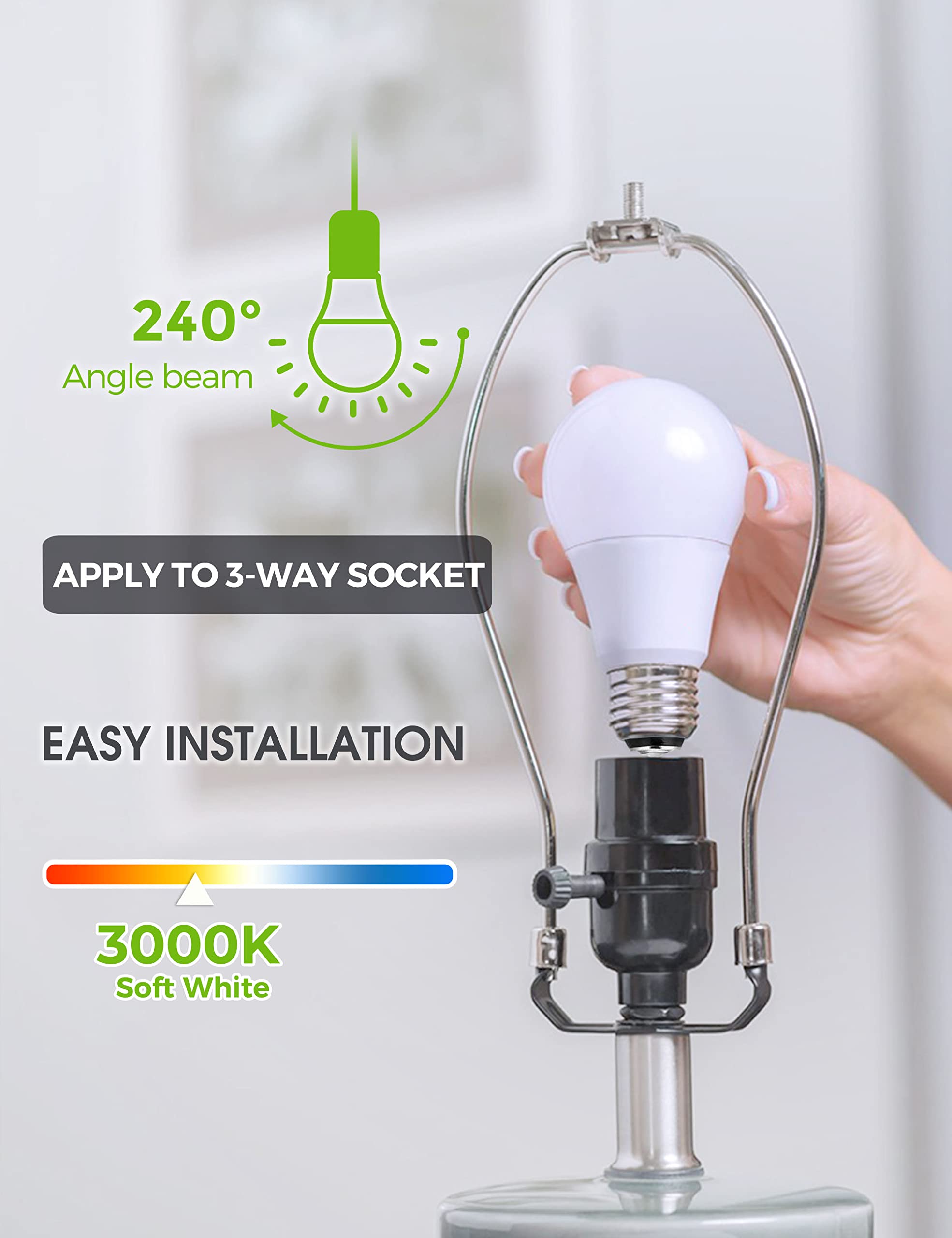 LOHAS 3 Way LED Light Bulbs 50/100/150W Equivalent, 3-Way LED Bulbs Soft White 3000K, Dimmable A19 LED Light Bulb E26 Base for Bedroom, Kitchen, Living Room, 2 Pack