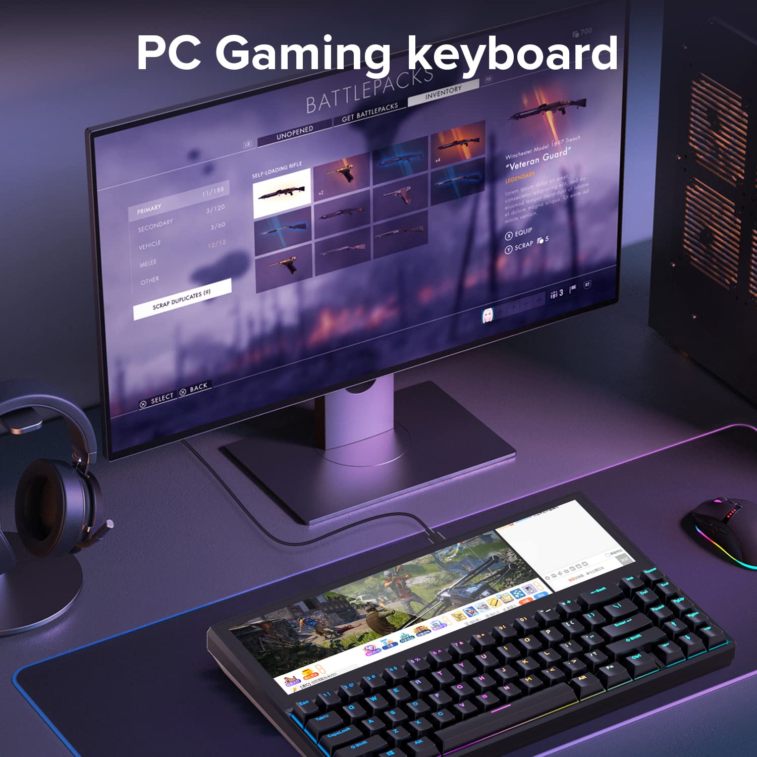 JJTechGiant Touchscreen Gaming Mechanical Keyboard 12.6 Inch Portable Laptop Wired USB RGB Backlit Compact Monitor with DIY Keycap Plug and Play Split Screen Keyboard for Mac Windows Android