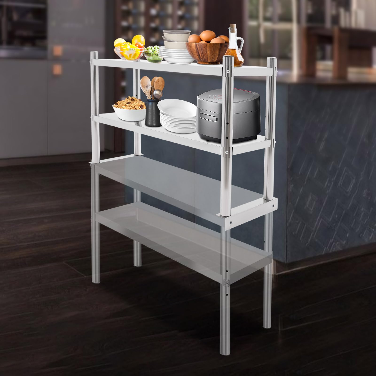 YIYIONCE 2-Layers Stainless Steel Shelving 12x36x23.62 Inch Storage Shelf Heavy Duty Storage Shelving Unit with 176 LBS Load Floor Standing Open Shelving for Kitchen Bar 2"Height Adjustable | US STOCK