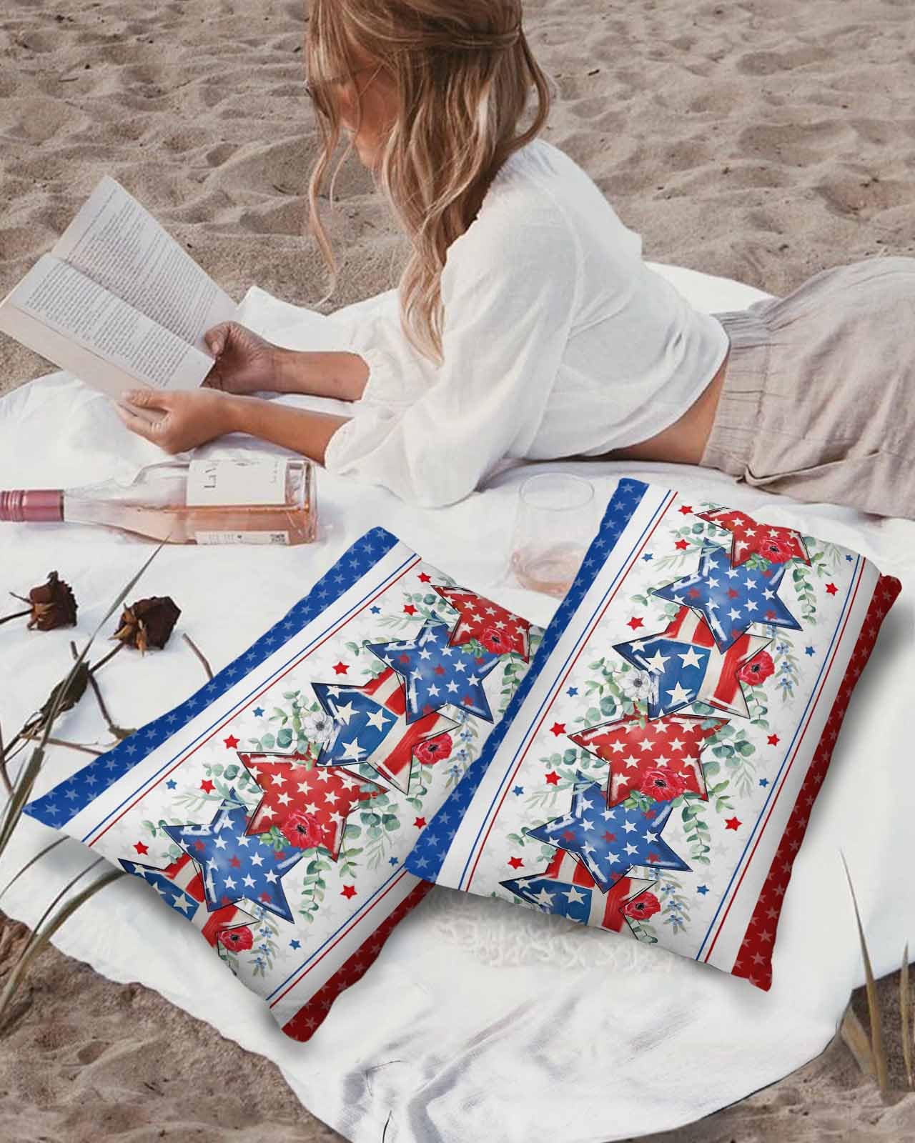 JasmineM Independence Day Star Outdoor Pillow Covers 20x12inch Set of 2, Polyester Waterproof Throw Pillow Covers Garden Cushion Decorative Case for Patio Couch Decoration, Eucalyptus Leaves Blue Red