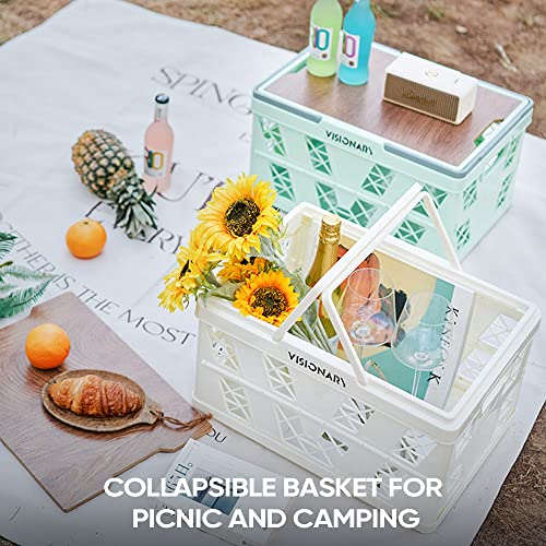 MILILOVE 35L Collapsible Storage Grocery Shopping Basket With Lid, Storage Crates, Plastic Stackable Basket, Tote Portable Basket with Handles, for Picnic Camping Picking Organizing Toys Car Trunk