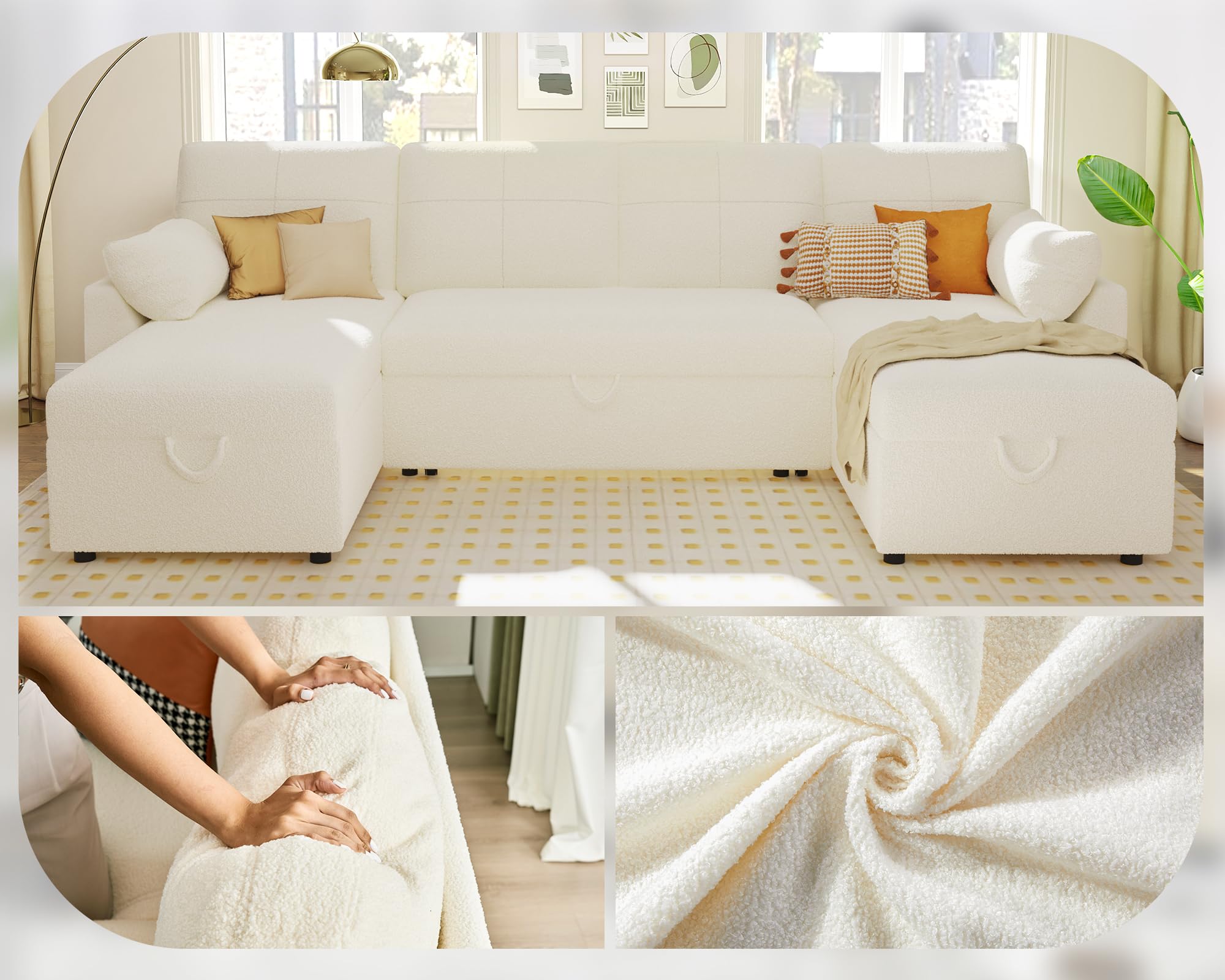 PaPaJet 110 Inch Sleeper Sofa, Oversized Pull Out Couch with Double Storage Chaise,U Shape Couches for Living Room-Offwhite Boucle