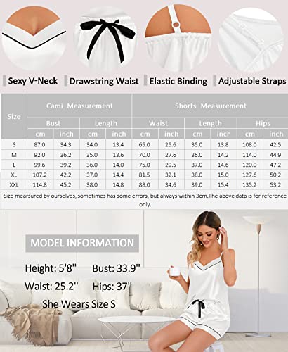 SWOMOG Women's Silk Satin Pajamas Set Lingerie 2Pcs Pjs Cami Top and Shorts Nightwear White