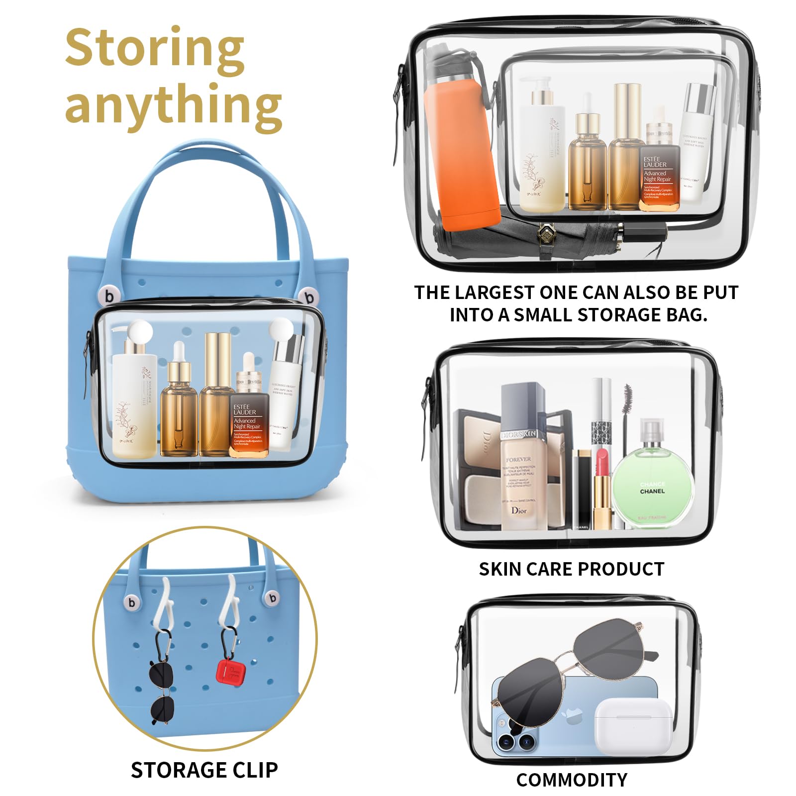 Generic 6Pack Clear Inserts Pouch Compatible for Bogg Bag, Hooks & Key Chain Holder for Beach Bogg Bags, Organize Valuables Accessories for Bogg Bags