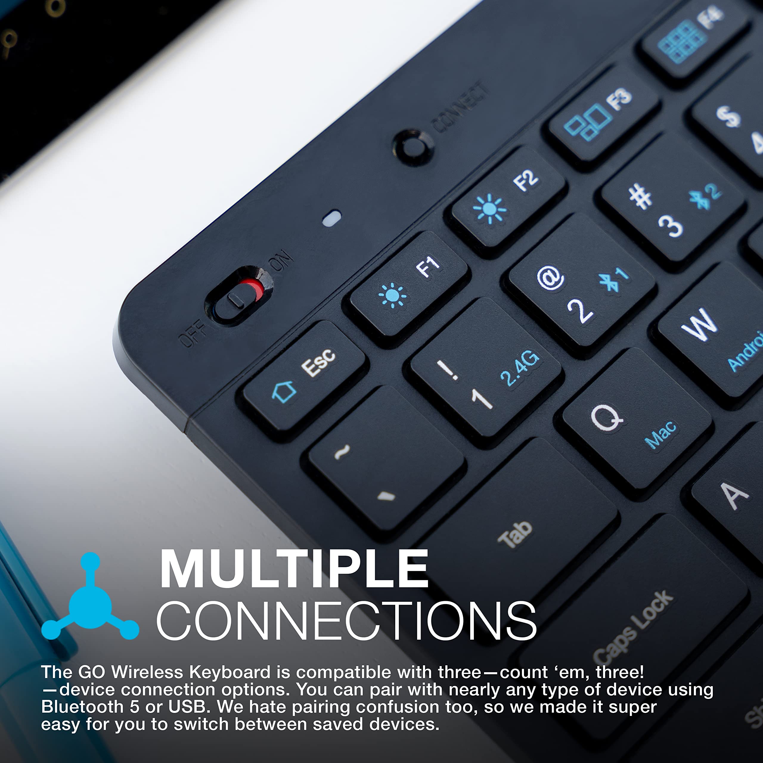 JLab Go Wireless Keyboard, Black, Connect Via Bluetooth or USB Wireless Dongle, Multi-Device Ultra-Compact for a Minimalist or Portable Set-Up (1 Pack)