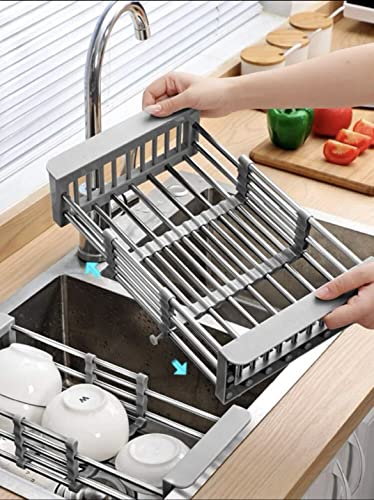 Expandable Kitchen Sink Dish Drainer,Retractable Kitchen Sink Organizer,Stainless Steel Dish Rack Home Foldable Multifunction Expandable Hanging Drainer Drying with Board Divider Drain Adjustable