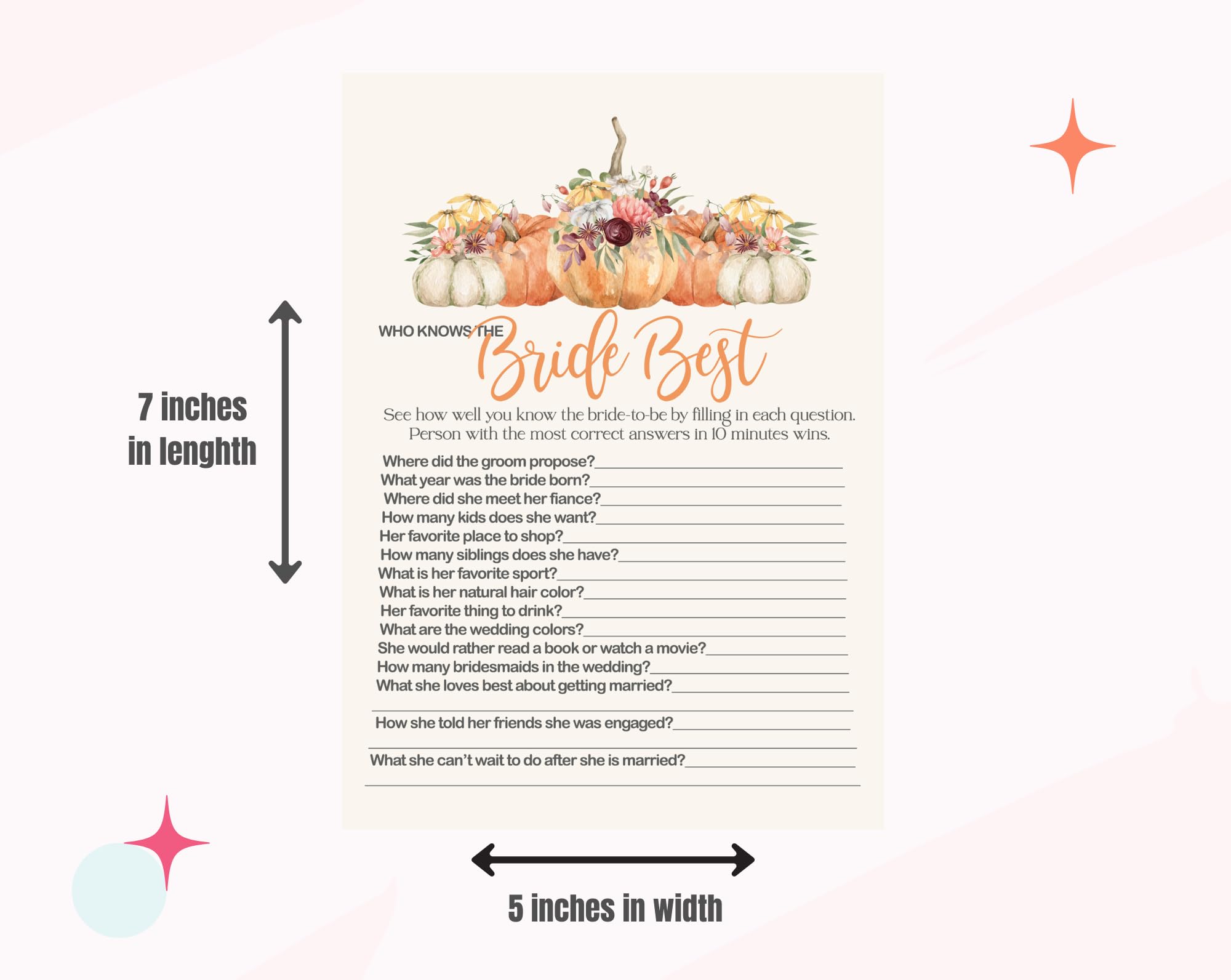 Paper Clever Party Rustic Pumpkin Bridal Shower Games Pack - 25 Guests, 5x7 Size, Premium Quality Cardstock, Fall Theme, Who Knows The Bride Best & Would She Rather, Autumn Wedding Shower Games