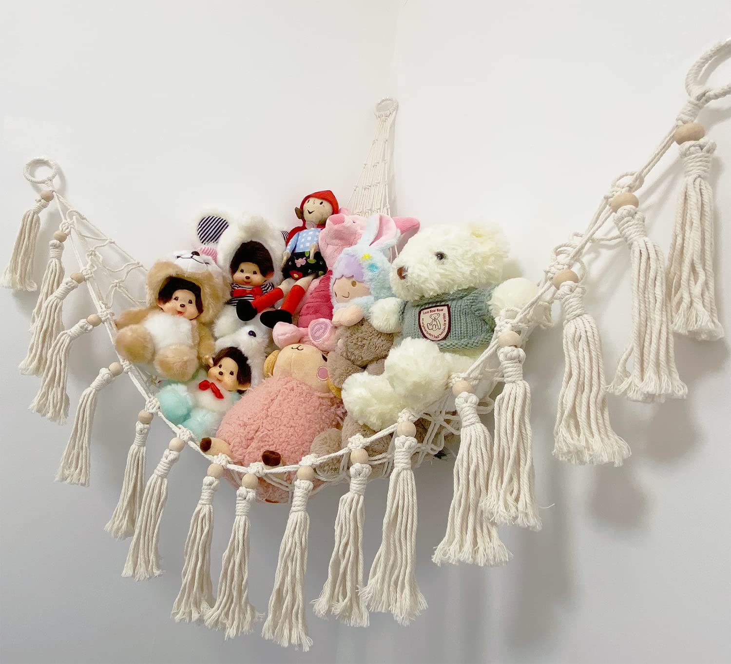 Treezea Stuffed Animal Hammock Macrame with Star Light- Boho Toy Hammock - Stuff Animal Organizer Corner Storage Hanging Fringe - Stuffed Animal Holder Net Tassels for Nursery Décor