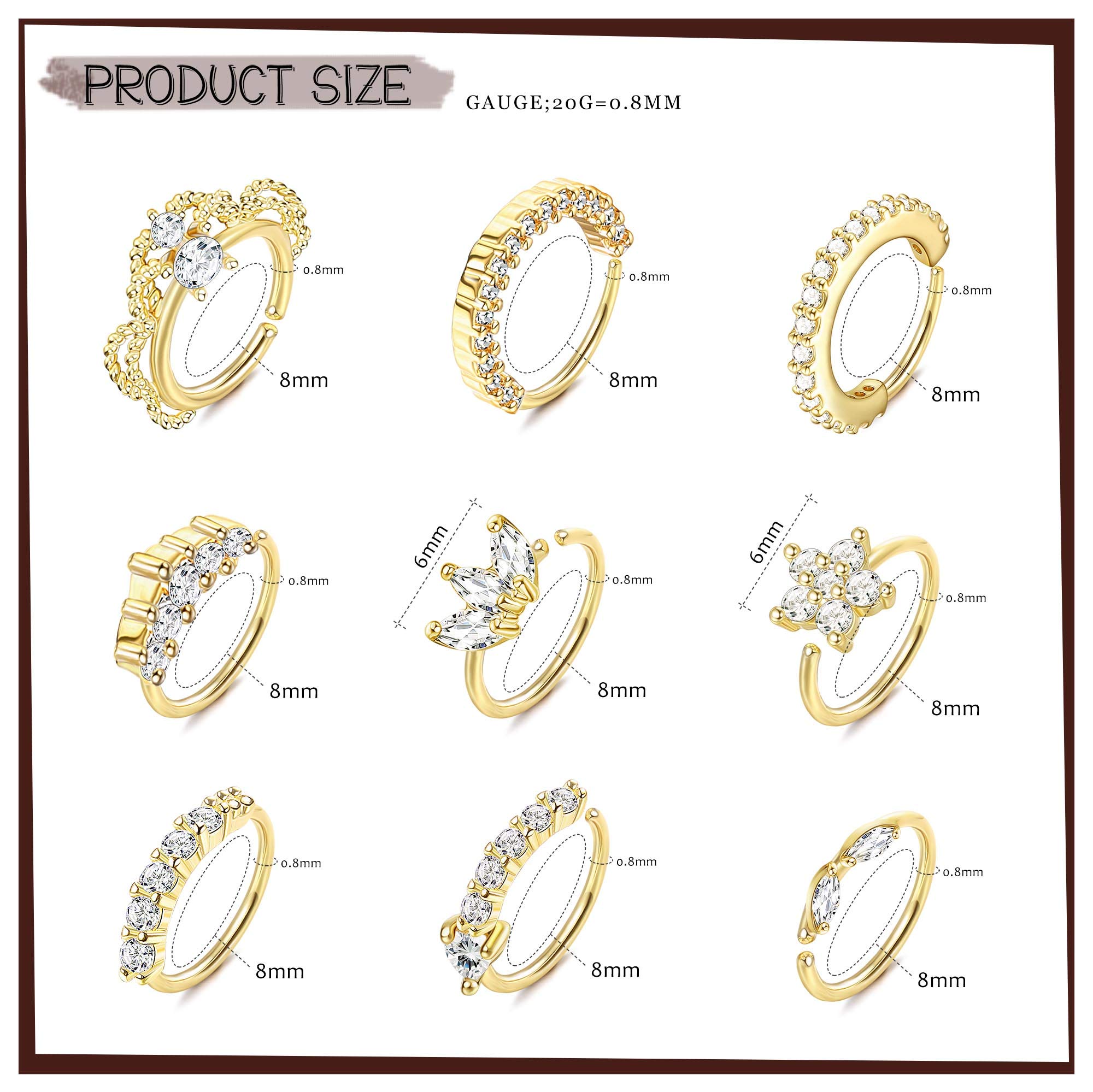 FIBO STEEL 20G Nose Ring Hoop for Women Men Paved CZ Cartilage Earring Bendable Body Ear Piercing Hoop Ring 9Pcs Gold