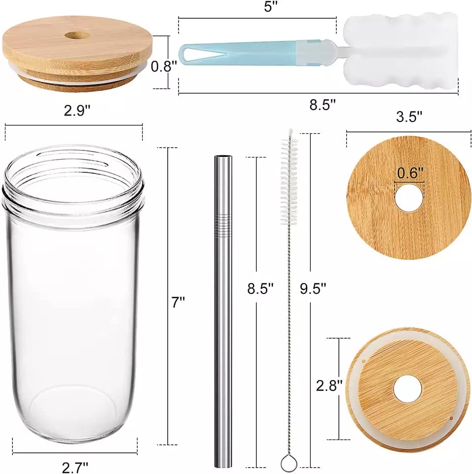 Glass Drinking Jar Gift Set w/Bamboo Lids & Stainless Straws - 7" Tall, Large 24oz in Ball Mason Jar Style. Includes Cleaning Brush. Fun, Reusable, Great for Guests