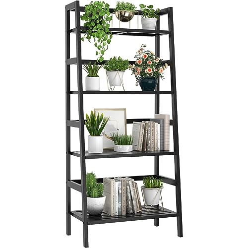Homykic 4-Tier Black Bookshelf Ladder Shelf, Bamboo 49.2” Open Book Shelf Bookcase Ladder Shelves Freestanding Bathroom Storage Shelf Unit Plant Stand for Living Room, Bedroom, Office, Easy Assembly