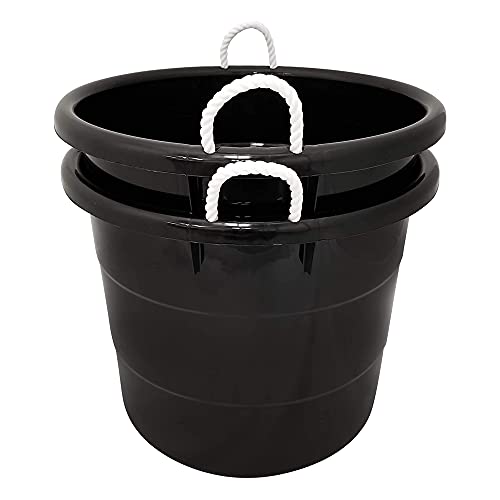 Homz 18 Gallon Durable Plastic Utility Storage Bucket Tub Organizers with Strong Rope Handles for Indoor and Outdoor Use, Black, 6 Pack