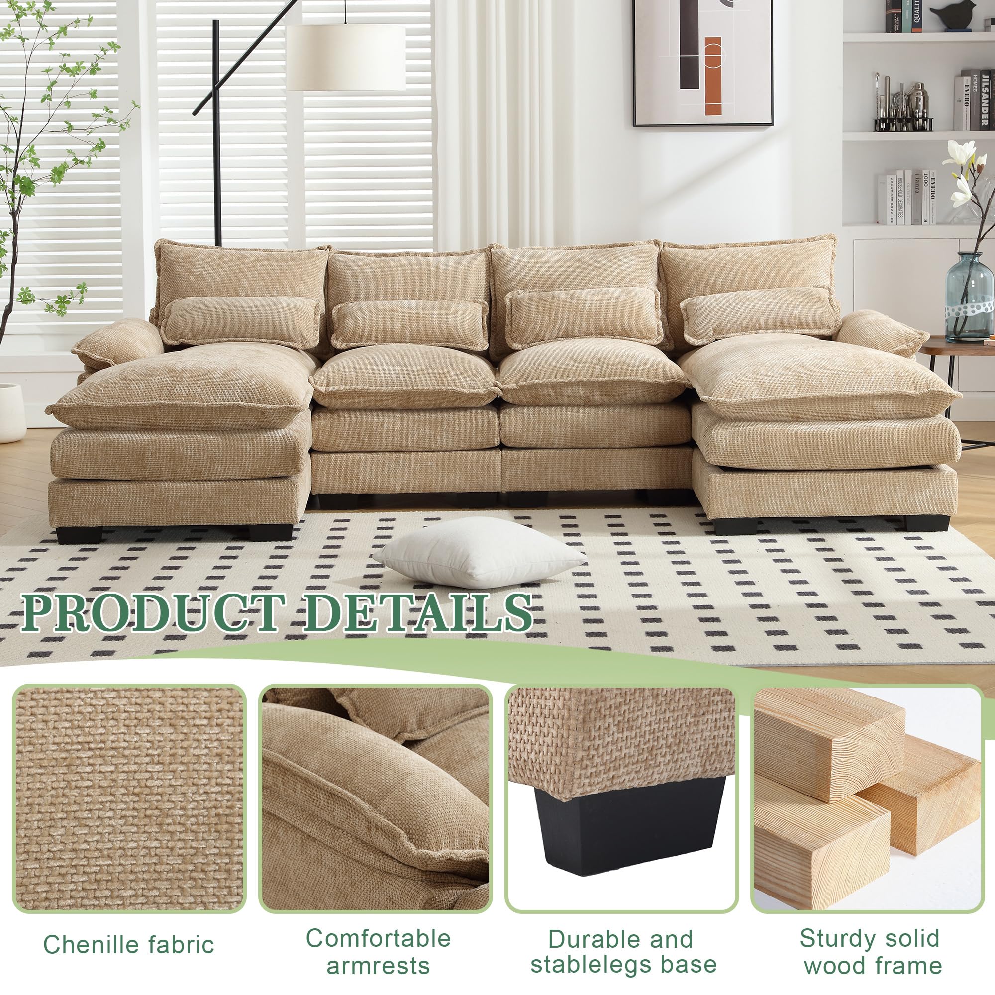 LIFEISLE 110 Inch Extra Large Modular Sectional Sofa, Modern Chenille U-Shaped Sofa with 4 Cushions, Memory Foam Sofa with Double Lounger for Living Room, Office, Reception Room,Emerald-New