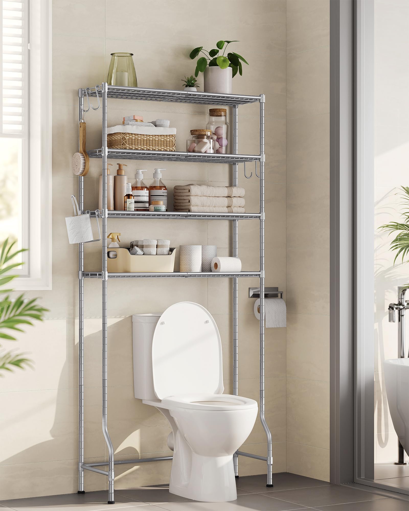 SONGMICS 4 Tier Over The Toilet Storage, Metal Storage Rack, Adjustable Shelves, 4 Hooks, Roll Holder, Space-Saving Bathroom Storage Shelf Organizer, 11.8 x 32.7 x 69.3 Inches, Silver Gray UBTS023G01