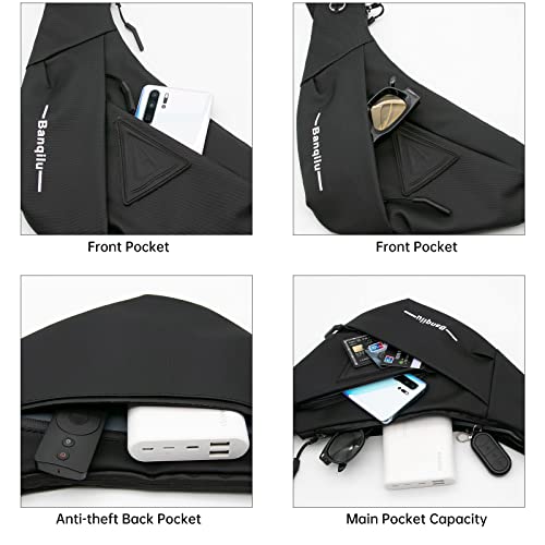 Long Keeper Sling Crossbody Bag - Men Water Resistant Chest Bag Casual Hiking Cycling Slim Lightweight Shoulder Backpack (Black)