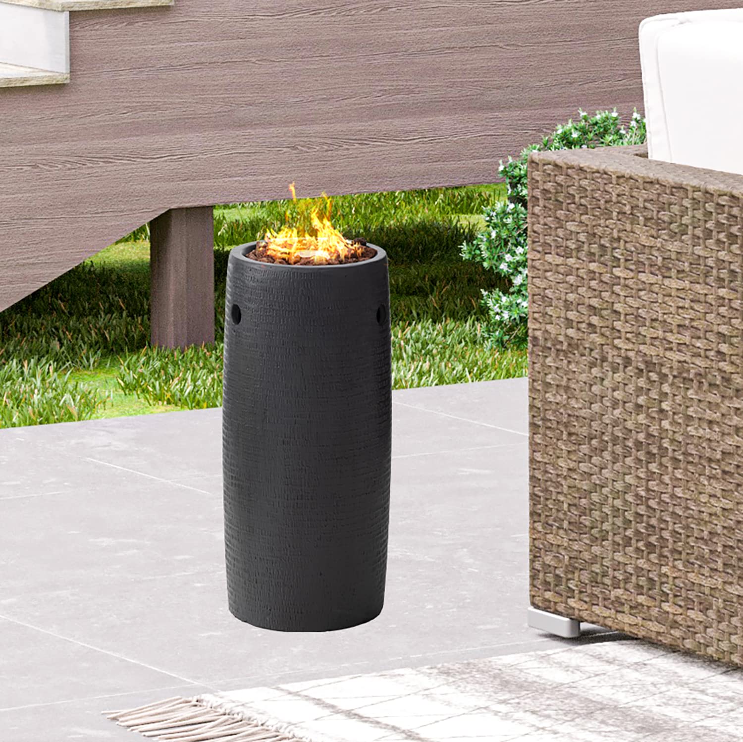 HOMPUS Propane Patio Fire Pit, Lava Rocks and Rain Cover for Outdoor Leisure Party,15,000 BTU 11-inch Round Column Small and Portable Concrete Gas Fire Pit for Patio, Deck or Backyard Dark Gray