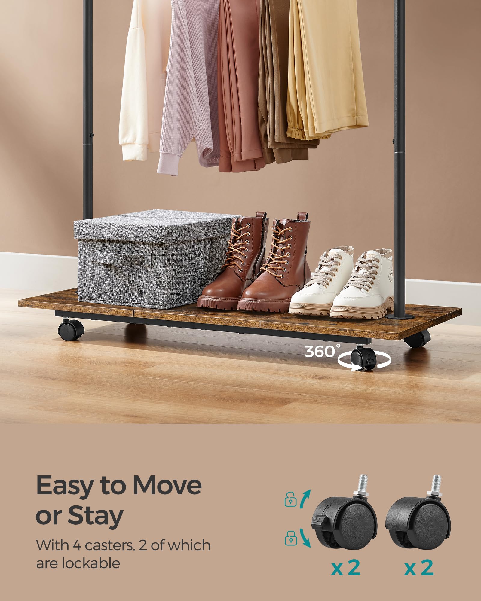 SONGMICS Clothes Rack with Wheels, Middle Rod Clothing Rack for Hanging Clothes, 38.8 Inches Garment Rack with Shelf, Height Adjustable, Loads up to 121 lb, Rustic Brown and Ink Black UHSR153B01