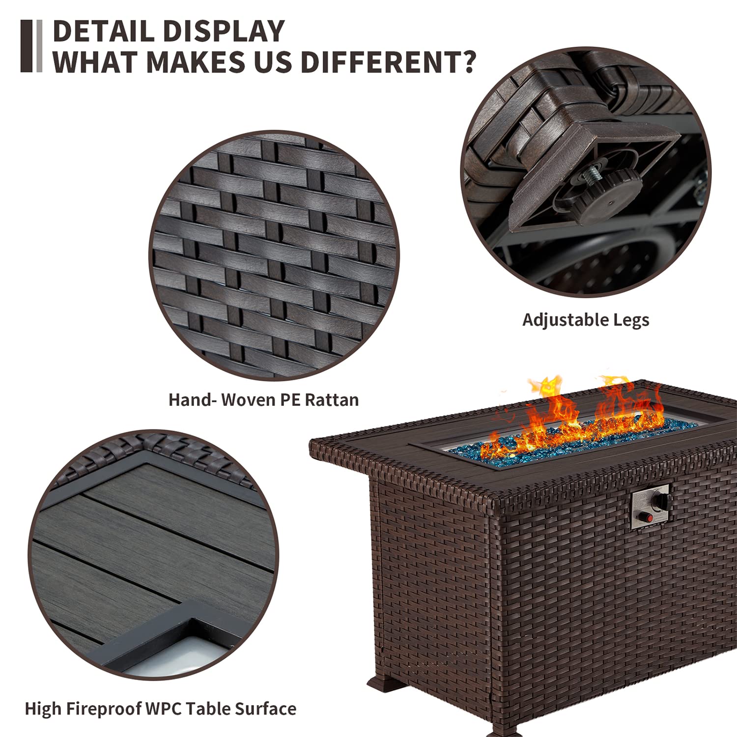 HOMREST Propane Fire Pit Table, Gas Fire Pits for Outside, 50 Inch 50,000 BTU Smokeless Firepit for Outdoor Patio, CSA Approved, Auto-Ignition Adjustable Flame, with Lid, Waterproof Cover, Glass Beads