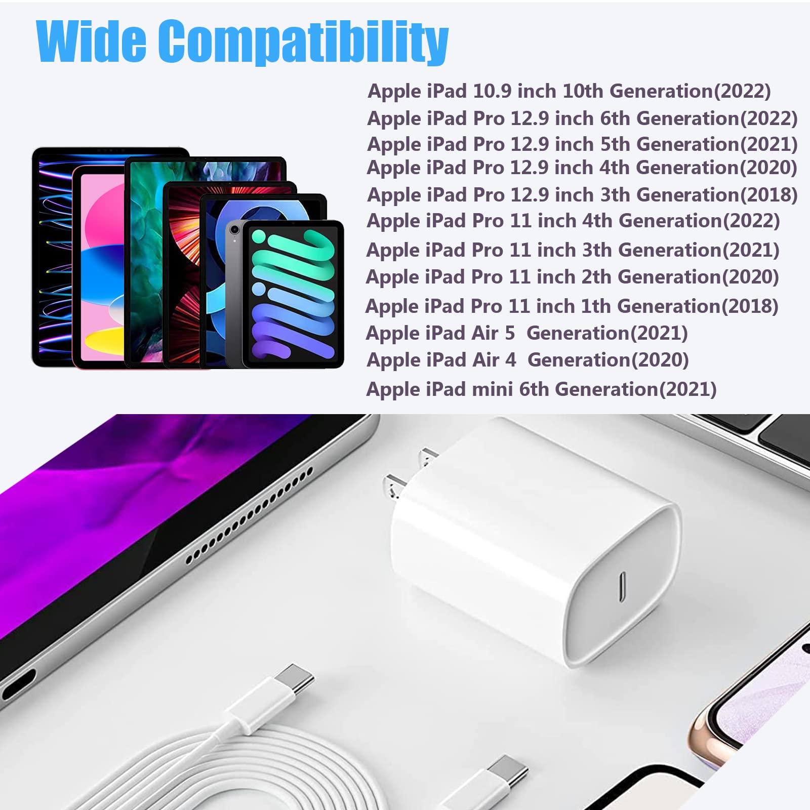 iPad Chargers, iPad Pro Charger,20W USB C Fast Charging Plug with Apple Certified 10FT Long USB C-C Cord for iPad 10th Gen,iPad Pro 12.9/11 inch 2022/2021/2020/2018,iPad Air 5th/4th,iPad Mini 6th Gen