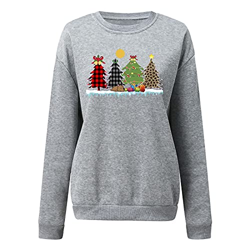 GuangYuan Women Long Sleeve Shirt Christmas Print Pullover Large Size Slouchy Sweatshirt Drop Shoulder Pullover Baseball T-Shirt Grey