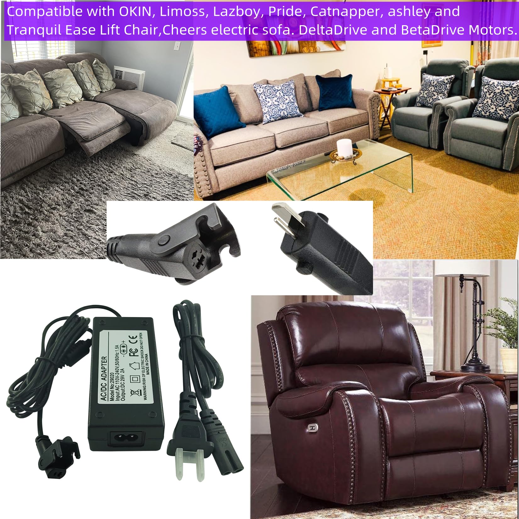 Fesasn 29V2A Power Recliner Power Supply,2-pin 29V 2A Recliner Power Supply Transformer Replacement Parts Power Cord Compatible for Lift Chair or Power Recliner