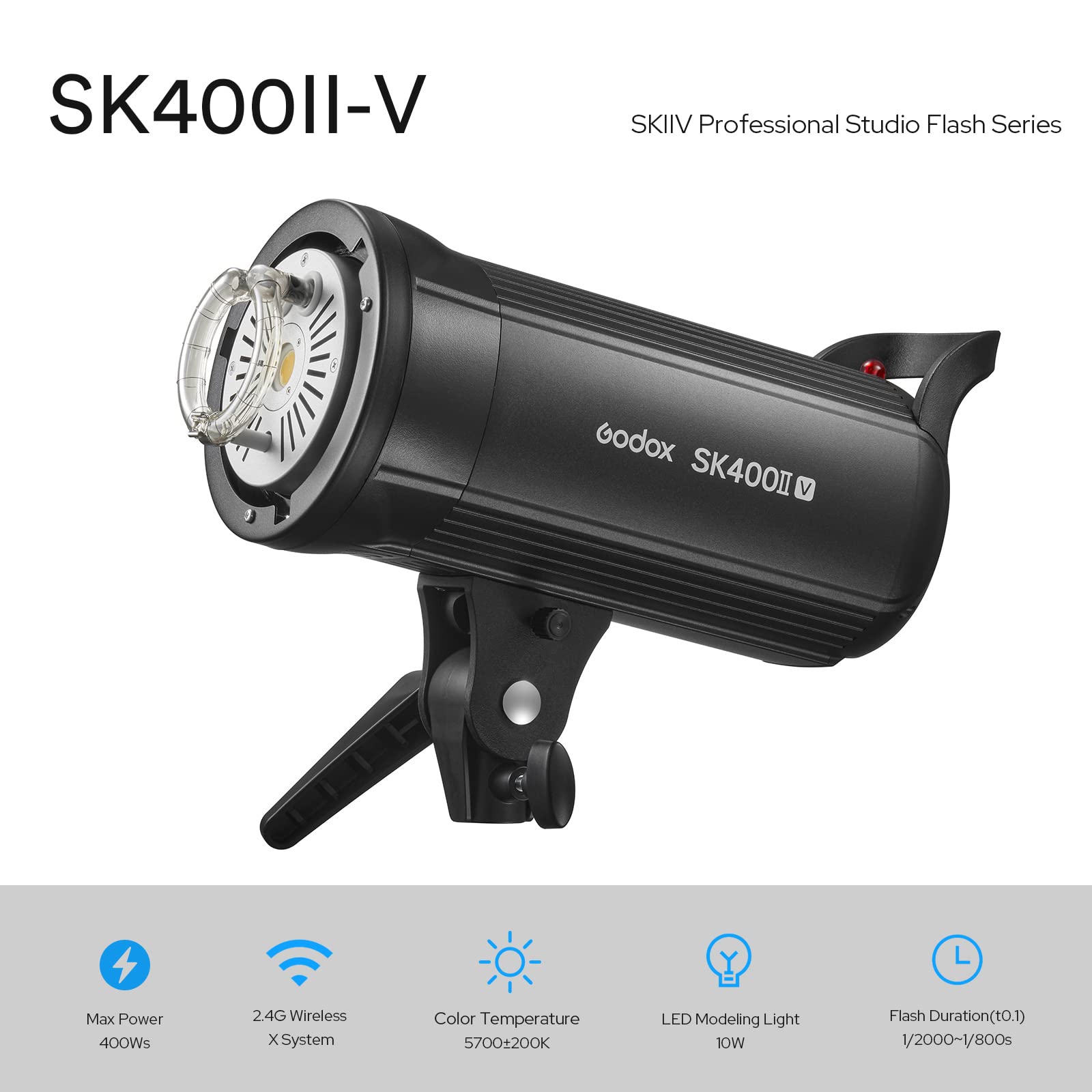 Godox SK400II-V Studio Strobe, New Upgraded Version of SK400II, 400W 2.4G Wireless X System GN65 5700K Monolight with LED Modeling Lamp, Bowens Mount, 0.1-1.5s Recycle Time - 110V