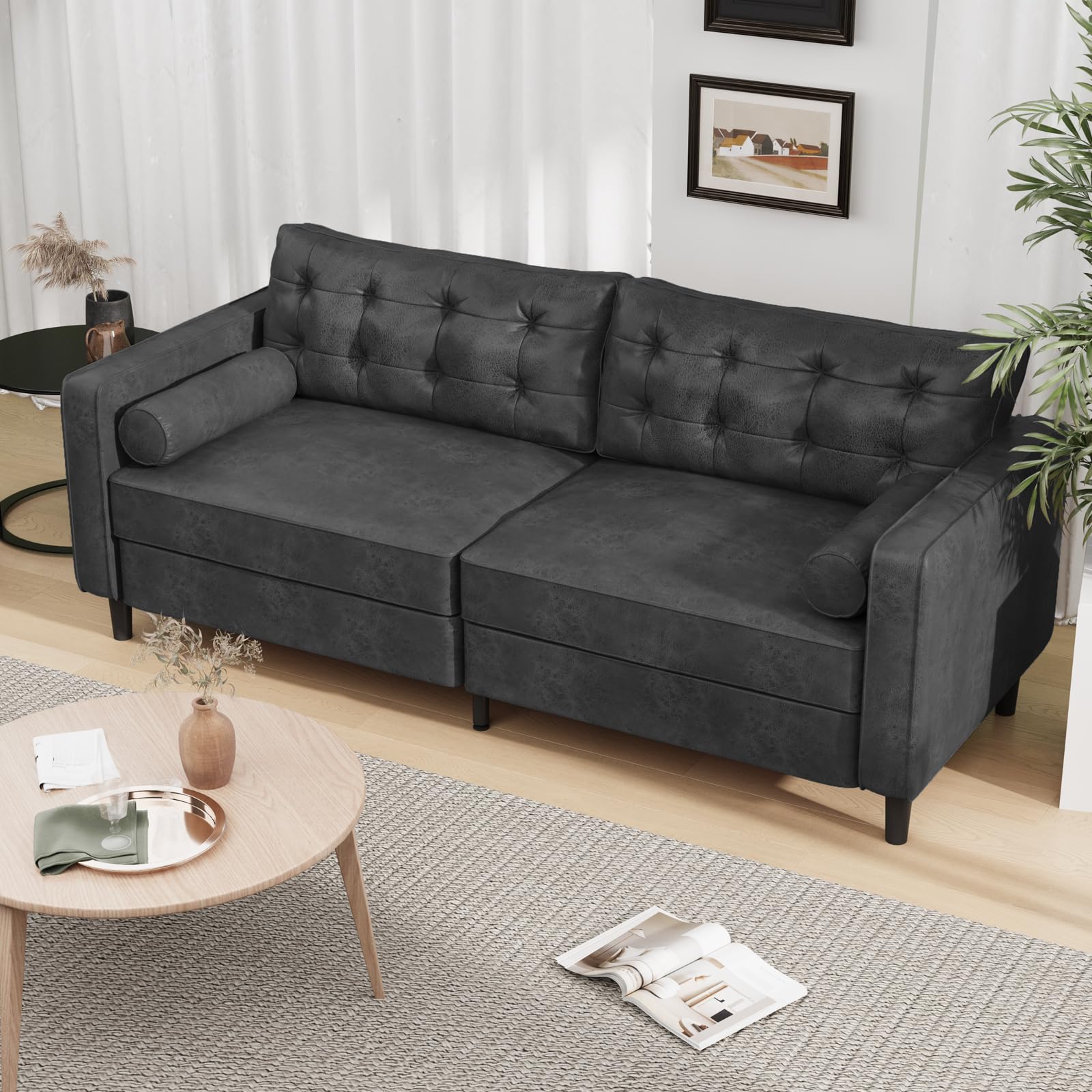 YODOLLA 84.2" Faux Leather Sofa Couch, Mid-Century Modern Sofa with 2 Bolster Pillows, 3 Seats Sofa Vintage Couch for Living Room, Studio and More, Black